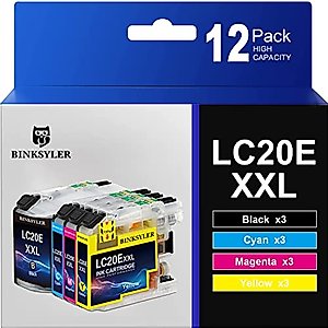 BINKSYLER LC20EXXL Ink Cartridges BK/C/Y/M Super High Yield Replacement for Brother LC20E LC20EXXL Ink Cartridges for Brother MFC-J985DW J775DW J5920DW J985DWXL Printers(3BK,3C,3M,3Y) 12 Pack