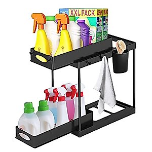 GzfunTeng Under Kitchen Sink Organizer and Storage, 2 Tier Sliding Bathroom Organizer, Pull Out Cabinet Organizer with 4 Hooks, 1 Hanging Cups, Finishing Storage Rack