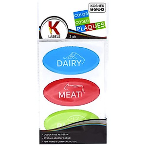 6 Kosher Plaques and Labels – 2 Blue Dairy, 2 Red Meat, 2 Green Parve - Self Adhesive, Color Fade Resistant – Color Coded Kitchen Stickers by The Kosher Cook