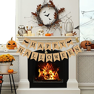 Happy Halloween Burlap Banner Decor, 16Pcs Linen Bunting Hanging Banner Ornaments Halloween Home Party Wall Decoration Supplies