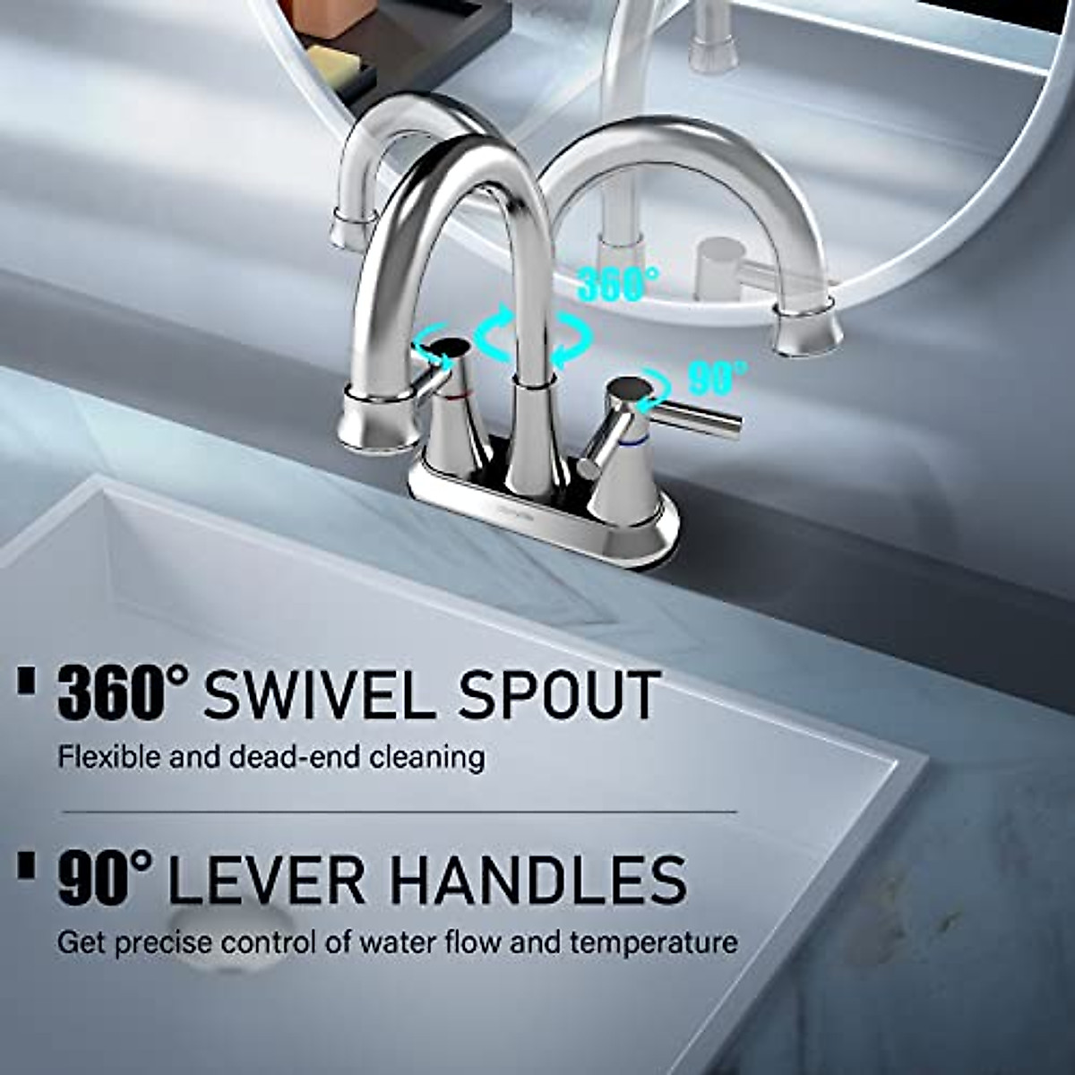 Bathroom Faucets for Sink, Gomylifer Bathroom Sink Faucet 2 Handle，4 Inch Centerset Sink Faucet with Pop Up Drain and Supply Hoses,Stainless Steel 360 Swivel Spout, Lead-Free, Brushed Nickel