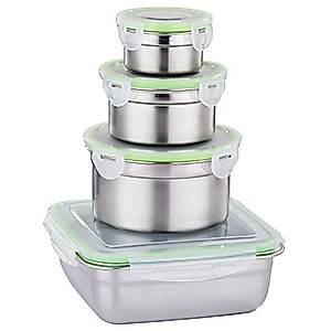 JUANALINE Stainless Steel Food Containers/Bento Lunch Box/Food Storage-Set of 4, 120ML,300ML, 600ML and 1.2L, Leakproof, BPA Free, Portion Control, LT. Green