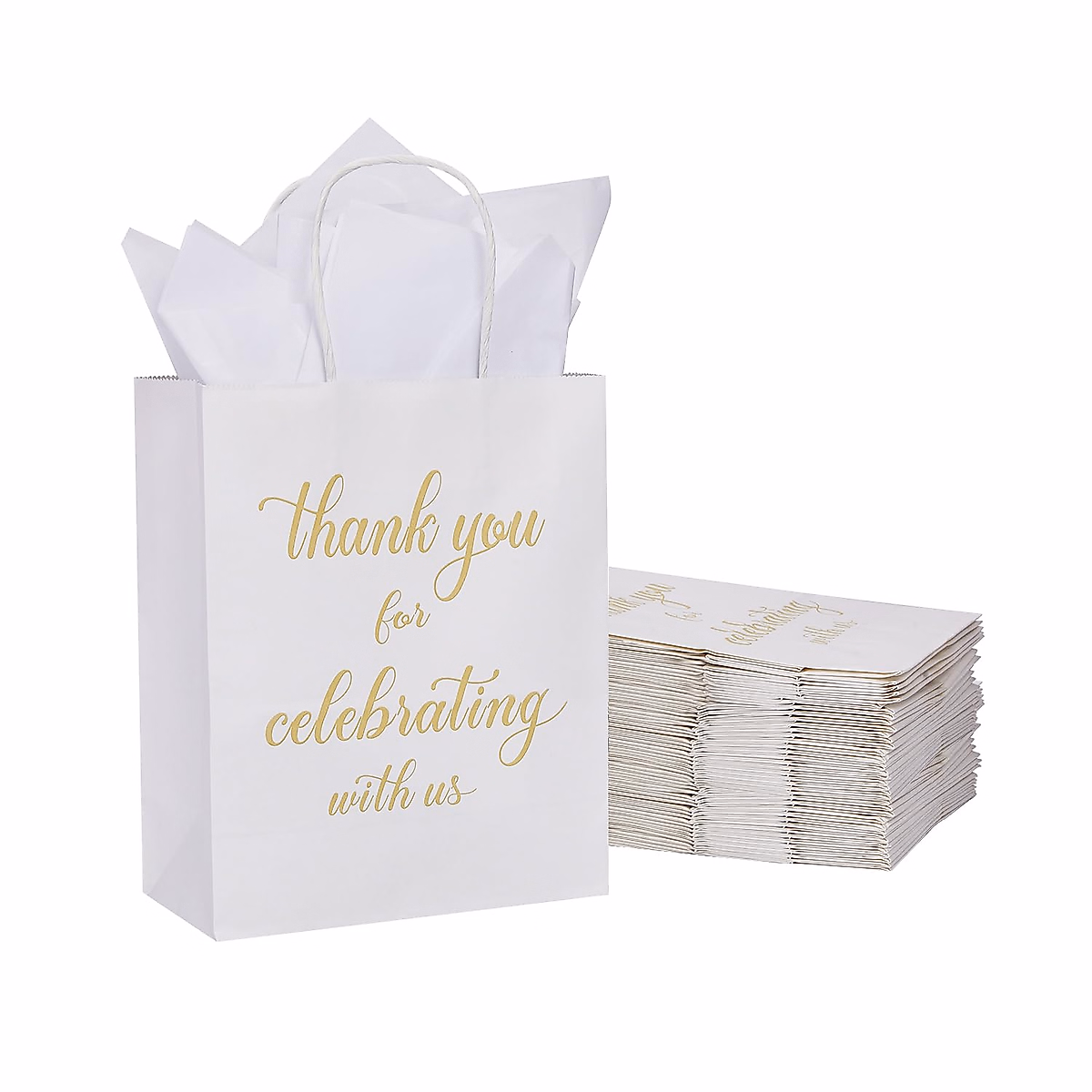 DjinnGlory 50 Pack Medium Sized White Paper Gift Bags with Tissue Paper 10x8x4 Inch, Thank You for Celebrating with Us Bags with Handles for Wedding Welcome Bridal Shower Party Favors Goodies