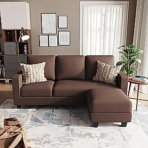 Furniwell Convertible Sectional Sofa Couch, L Shaped 3-Seat Small Couch for Living Room with Ottoman Modern Fabric Reversible Chaise for Apartment and Small Space (Brown)