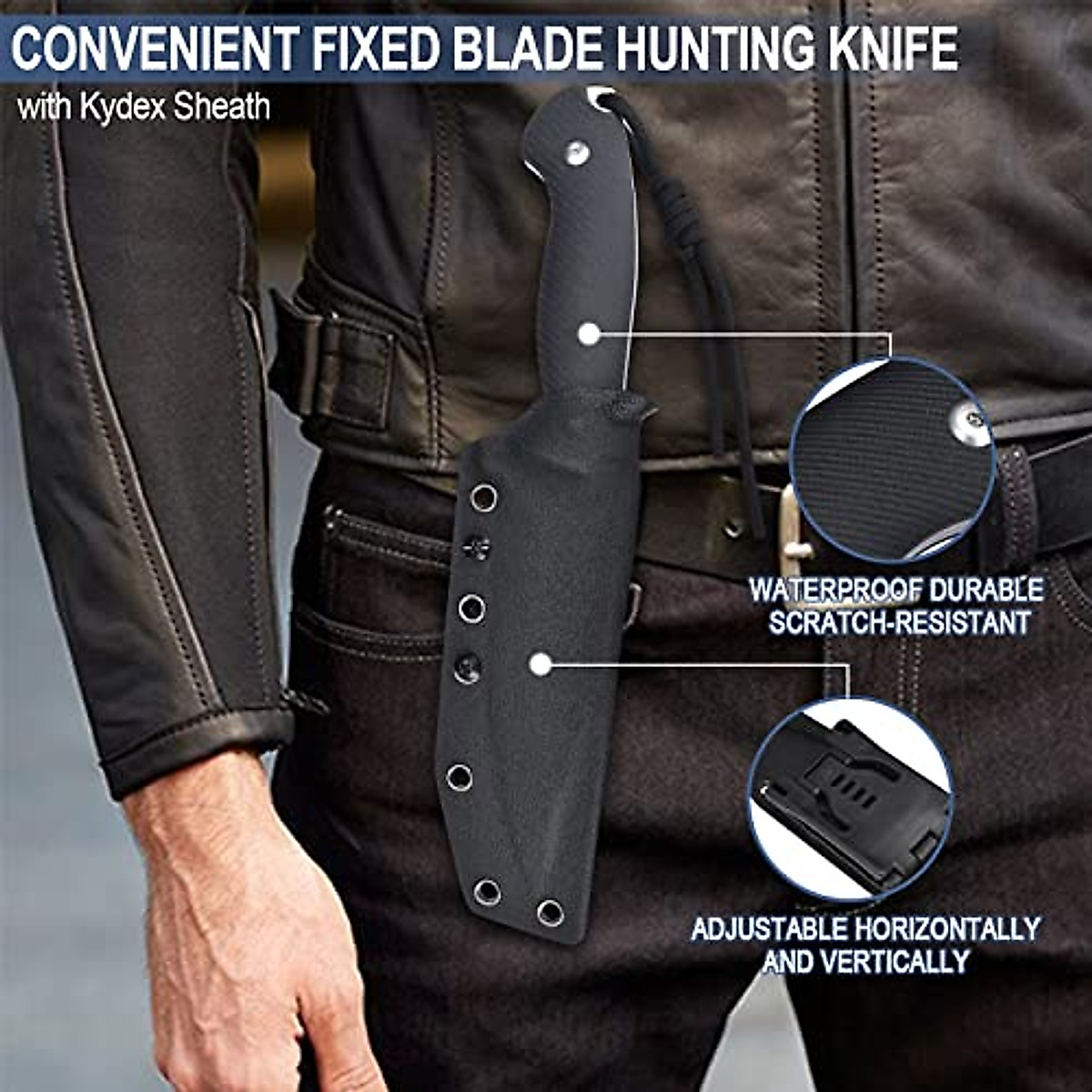 KOMWERO 10.2" Fixed Blade Hunting Camping Outdoor Knife, Sharp D2 Steel Blade Full Tang Survival Knife with Kydex Sheath Horizontal & Vertical Black G10 Handle, Cool Gifts for Men (Silver)