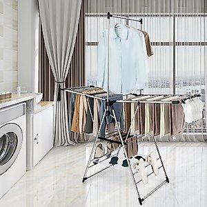 Tangkula 2-Layer Stainless Steel Drying Rack, Foldable Laundry Drying Rack w/ 1 Hanging Bar & 2 Height-Adjustable Wings, 23 Drying Rails, Netting Drying Rack, No Assembly Required