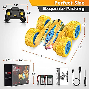 Qumcou Remote Control Car, RC Cars Stunt Car Toys for Kids, 2.4Ghz High Speed Double-Sided 360°Rotating Toy Cars with Cool Headlights, Christmas Birthday Gifts for Boys Girls Age 6-12（Yellow）