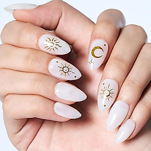 GLAMERMAID White Press On Nails Short Almond, 3D Gothic Handmade Soft Jelly Gel Fake Nails with Golden Star Blossom Design, Round Oval Stick Glue on Nail Kit for Women, Reusable Acrylic False Nail Set