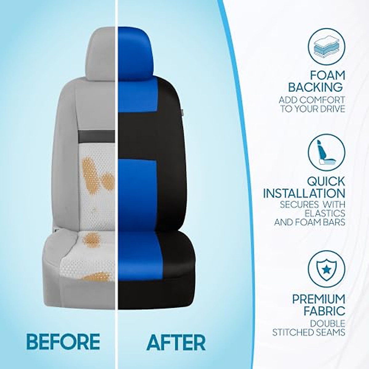 BDK PolyPro Car Seat Covers Full Set in Blue on Black, Front and Rear Split Bench Seat Covers for Cars, Easy to Install Car Seat Cover Set, Car Accessories for Auto Trucks Van SUV - Blue