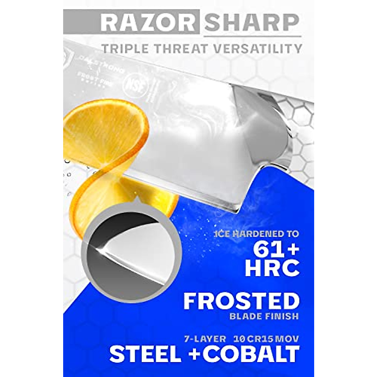 Dalstrong Santoku Knife - 7 inch - Frost Fire Series - High Chromium 10CR15MOV Stainless Steel - Frosted Sandblast Finish - White Honeycomb Handle Kitchen Knife - Leather Sheath - NSF Certified