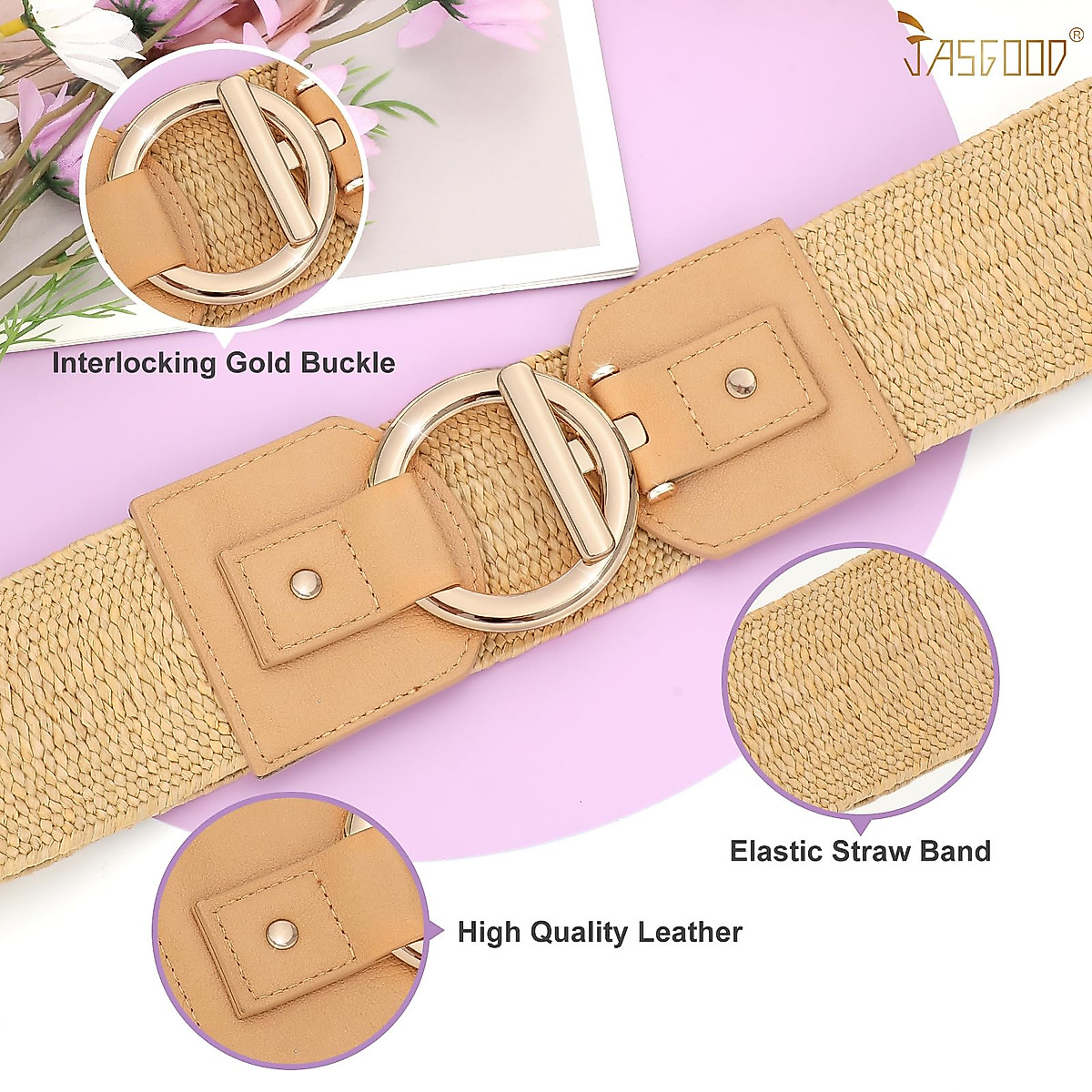 JASGOOD Straw Woven Elastic Belt for Women Vintage Wide Stretch Waistband for Dress Boho Ladies Summer Dress Belt