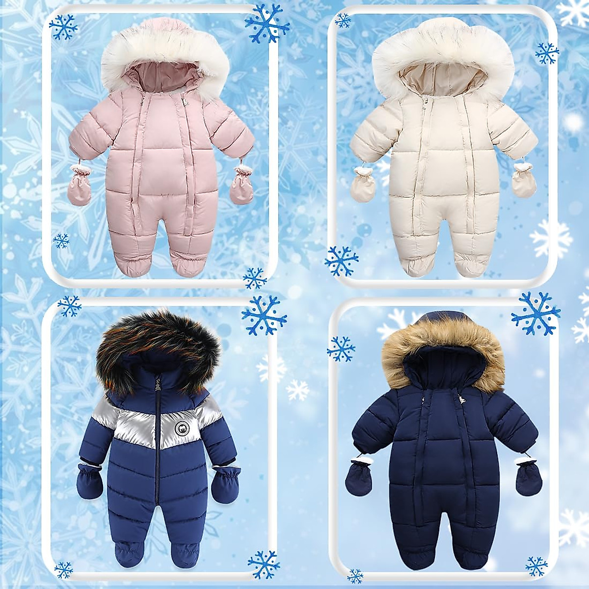 Fairy Baby Infant Baby Winter Snowsuit Coat Romper Hooded Double Zipper Fur Collar Warm Jumpsuit for Boys Girls 6-9 Monthes