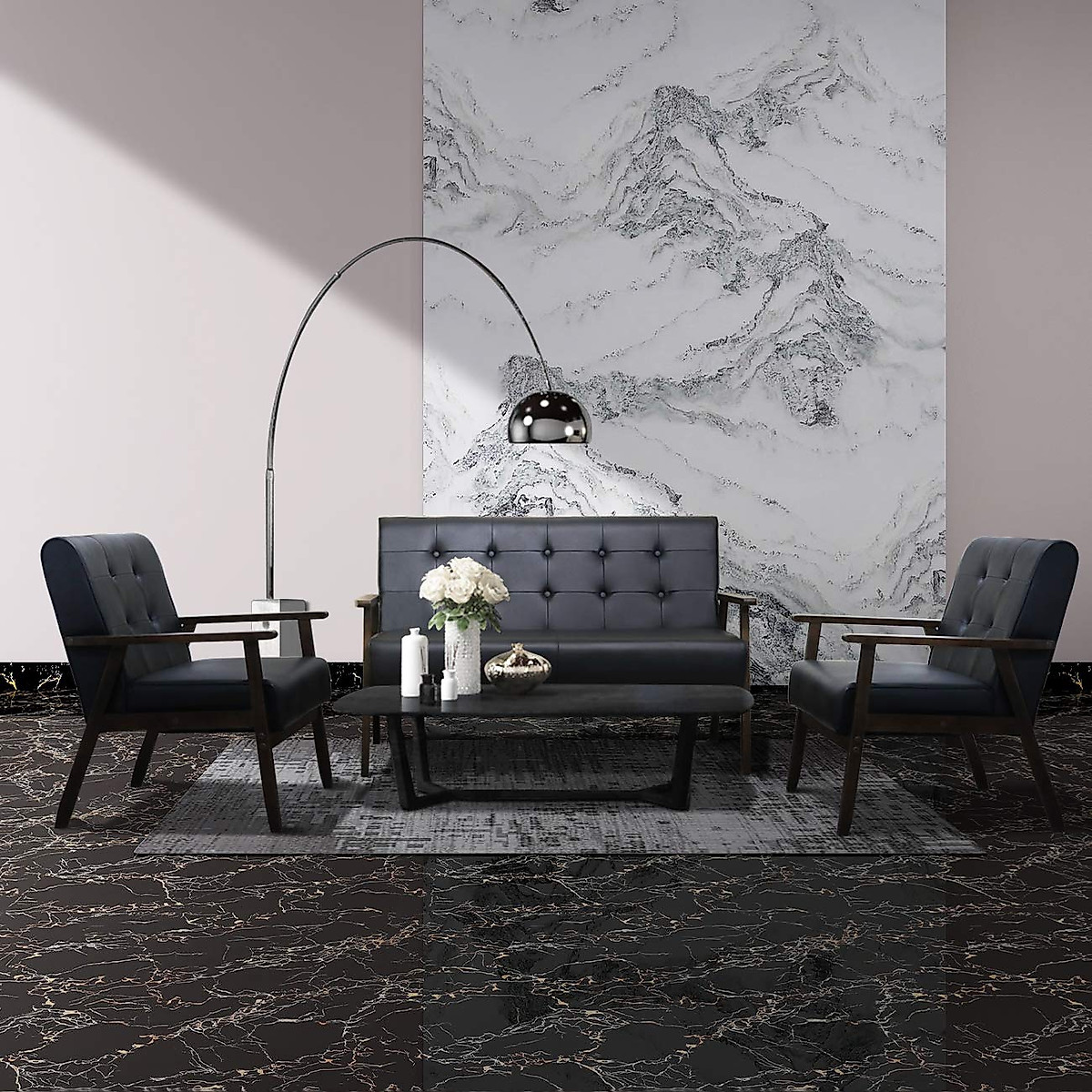 JIASTING Mid Century 1 Loveseat Sofa and 2 Accent Chairs Set Modern Wood Arm Couch and Chair Living Room Furniture Sets (8428 Black Set)