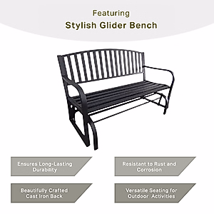 Four Seasons Courtyard Outdoor Patio Bench Glider Backyard Garden, Front Porch, or Walking Path Furniture Seat with Powder Coated Steel Frame, Black
