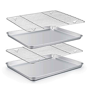 TeamFar Baking Sheet with Rack Set (2 Pans + 2 Racks), Stainless Steel Baking Pan Cookie Sheet with Cooling Rack, Non Toxic & Healthy, Easy Clean & Dishwasher Safe - 4 Pack