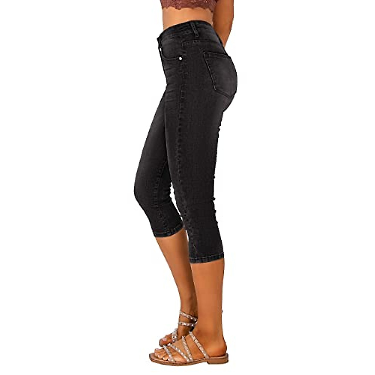 Vetinee Women's Slate Black Summer High Waisted Casual Skinny Slim Fit Stretch Cropped Denim Capri Jeans Size 12/14