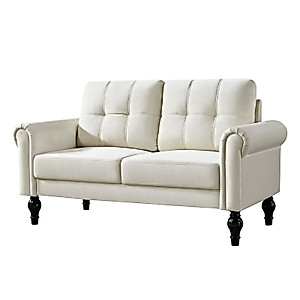 Husbedom 60.6 Inches Loveseat Sofa, Velvet Small Couches for Small Spaces, Comfy Couch for Living Room, Bedroom, Apartment, Studio, Cream Beige Couch