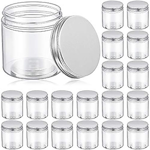 Patelai 18 Pieces 5 Oz Plastic Jars with Lids, Clear Jar Clear Storage Containers Refillable Cosmetic Jars Kitchen Storage Jars with Lids for Cosmetics Food Seasonings (Silver Lid,6.5 x 6.5 x 6.5 cm)