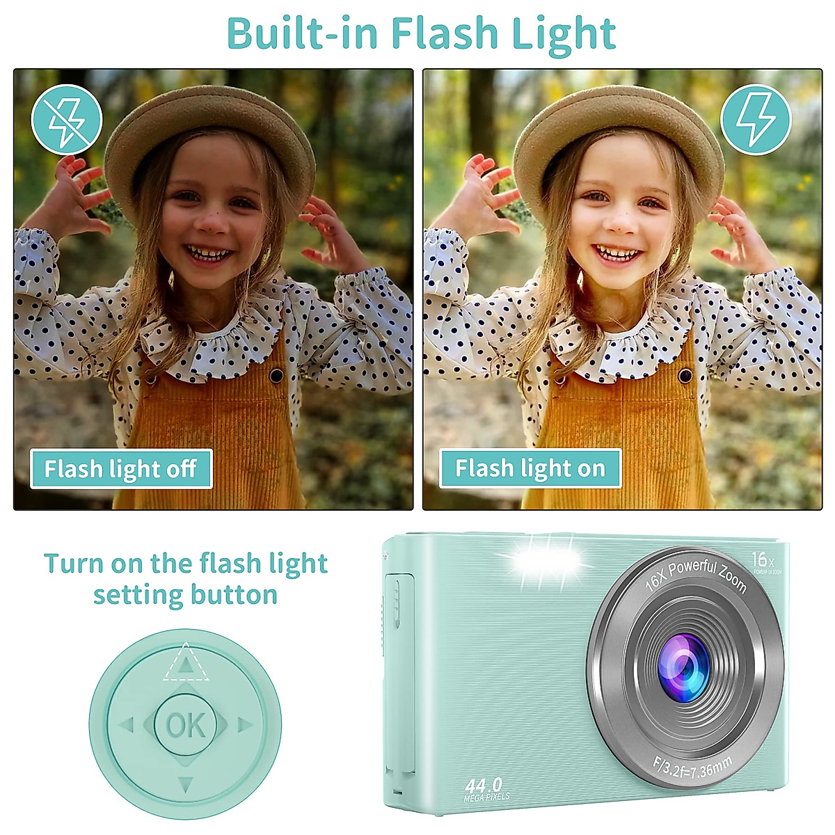 Saneen Digital Camera, FHD 2.7K Cameras for Photography, 44MP Kids Camera Small Mini Compact Digital Camera for Teens, Adults & Beginners with 32GB SD Card, 16X Zoom, Two Rechargeable Batteries-Green