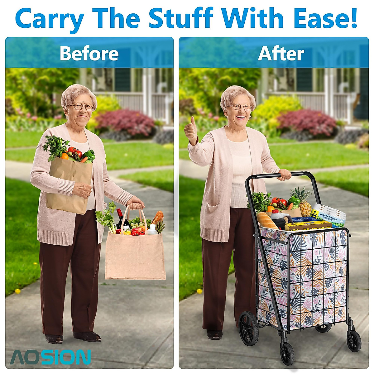 AOSION Folding Shopping Carts for Groceries,220lb,Grocery Cart with 360° Rolling Swivel Wheels, Collapsible Rolling cart,Portable Utility Cart with Shopping Liner for Laundry Luggage Office