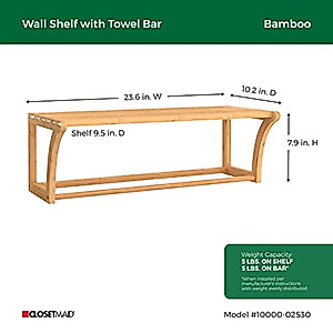 ClosetMaid Bamboo Wall Shelf with Towel Bar, Wall Mount Storage Shelves, Organizer Rack, Natural Finish