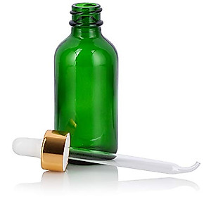 JUVITUS 2 oz / 60 ml Green Glass Boston Round Bottle Luxury Gold Metal Dropper (24 Pack) + Funnel
