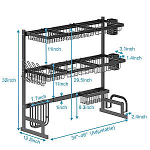 PUSDON Over Sink Dish Drying Rack (34"-45") 3 Tier, 2 Cutlery Holders Adjustable Dish Drainer for Kitchen Storage Countertop Organization, Stainless Steel Space Save Shelf (Sink Size≤44inch, Black)