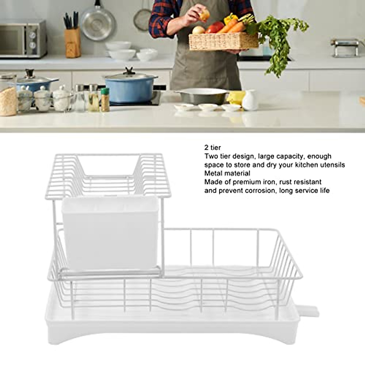 2 Tier Dish Drying Rack Dish Rack for Kitchen Counter Multifunctional Dish Drainer with Utensil Holder for Dishes, Knives, Spoons, and Forks Organizer Shelf