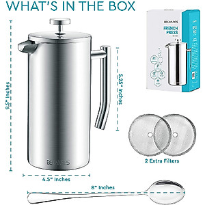 Belwares French Press Coffee Maker 50 Oz – Insulated Coffee Press Stainless Steel 304 Large – Coffee Spoon, Double Wall, & 4 Level Filtration System (1.5 Liter) – Silver