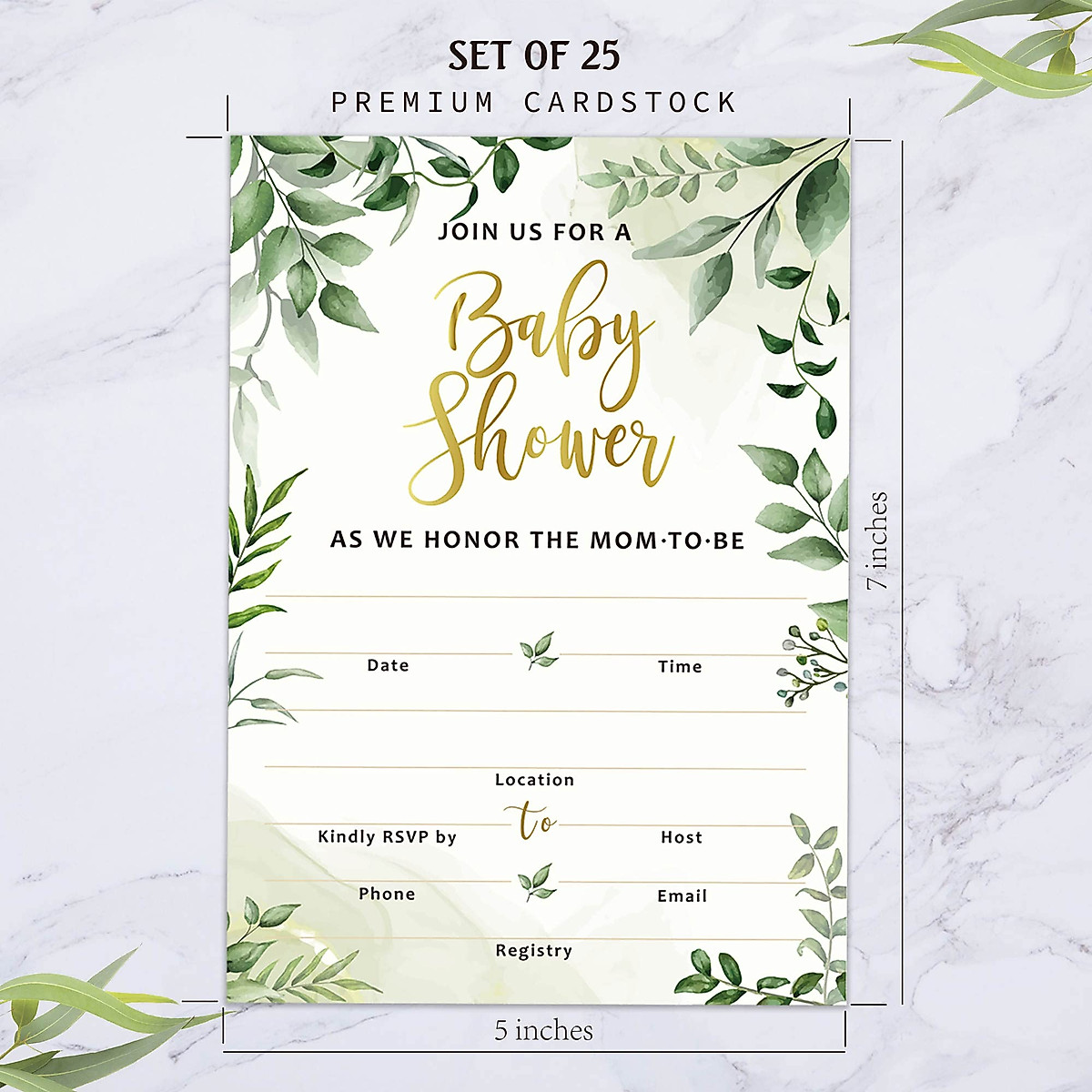 25 Double-Sided Greenery Baby Shower Invitation Set with Envelopes,Gender Neutral Blank Fill-in Invites for Boy or Girl, Double-Sided Diaper Raffle, Thank You Cards and Seals