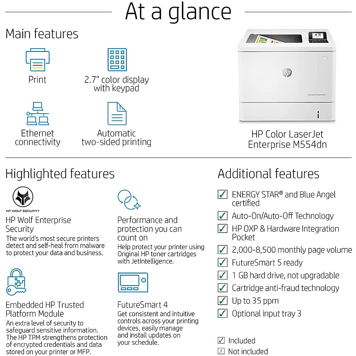 HP Laserjet Enterprise M554dn Print only Wired Color Laser Printer for Home Office, 2.7" Touchscreen, 600 x 600 dpi, 35 ppm, Automatic Duplex Printing, Ethernet, White, Cbmou Printer Cable