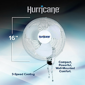 Hurricane Wall-Mount Fan, Quiet 90-Degree Oscillating Fan with 3 Speeds, 16" Classic