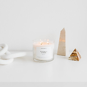 Calyan Wax Scented Candle, Seaside & Citrus, 3 Wick Candle for The Home Scented with Lemon & Cedarwood, 14.9 oz Soy Wax Candle with 43 Hour Burn Time, Non Toxic Large Candle in Glass Jar, Candle Gift