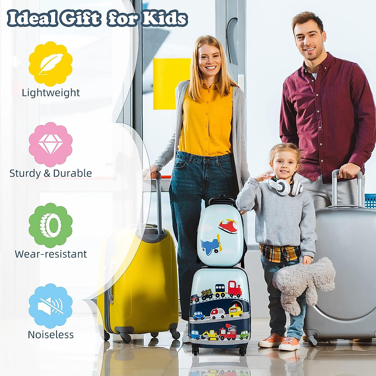 GYMAX Kids Carry On Luggage Set, 12" & 16" 2PCS Rolling Suitcase (Little Airplane)