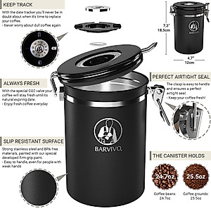Barvivo Coffee Canister for Ground Coffee & Coffee Beans - Airtight Coffee Container with CO2-Release Valve, Date Tracker & Measuring Scoop - Coffee Accessories Ideal as Valentines Day Gifts - Black