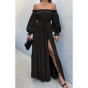 ZESICA Women's 2023 Boho Sexy Off Shoulder Long Sleeve Smocked High Waist Side Split Flowy A Line Tiered Long Maxi Dress,DarkBlack,Large