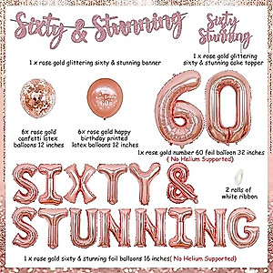 Wonmelody Funny 60th Birthday Decorations Rose Gold Stunning Glitter Birthday Decor Sixty & Stunning Glitter Cake Topper Banner Rose Gold Sixty & Fabulous Happy 60th Birthday Decor for Women