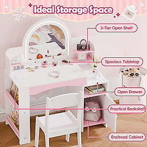 MU Kids Vanity with Lights, Princess Makeup Vanity Desk with Open Bookshelf, Storage Cabinet & Shelves, 2 in 1 Toddler Vanity Table & Chair Set with Lighted Mirror for Little Girls, White