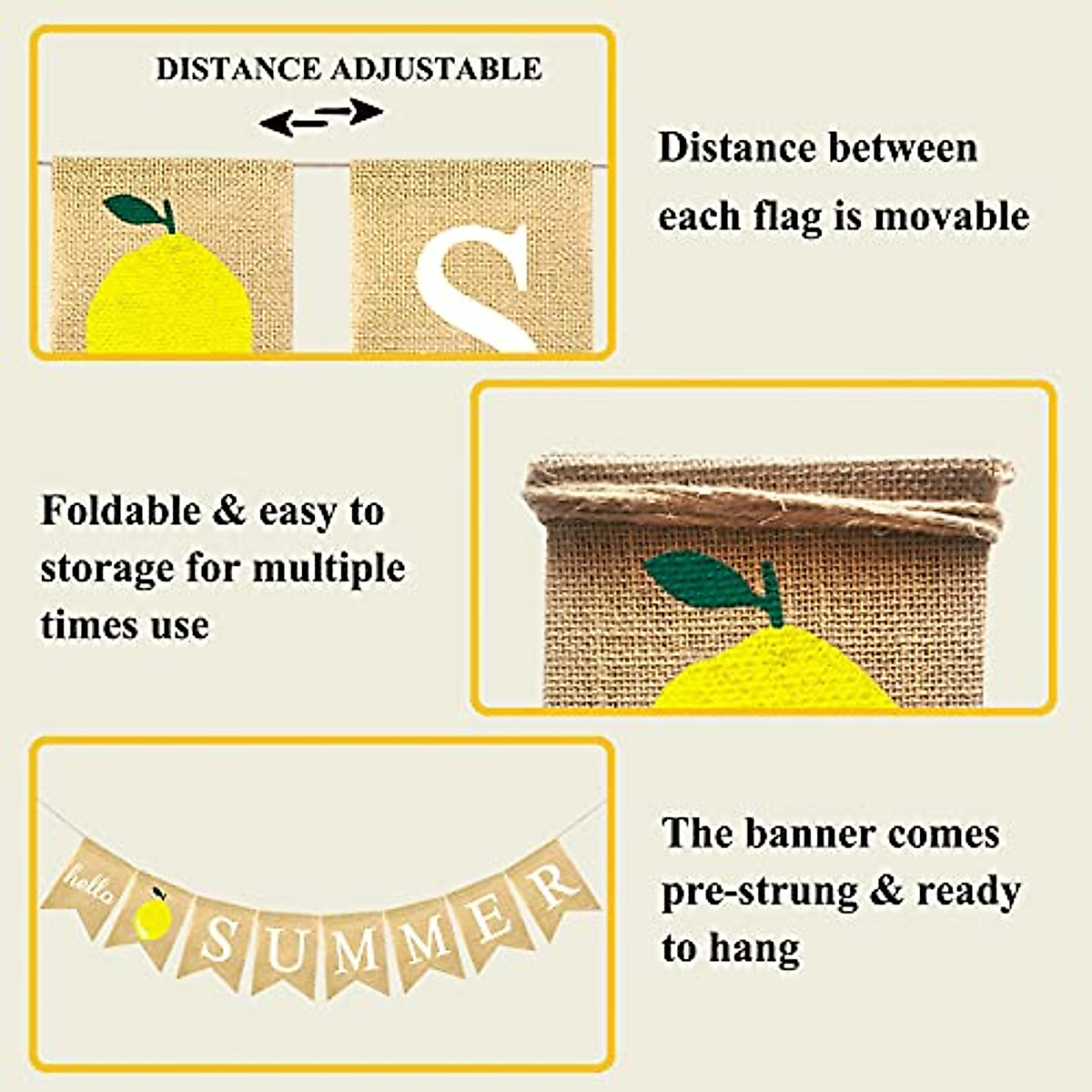FAKTEEN Hello Summer Burlap Banner with Lemon Bunting for Hawaiian Summer Party Supplies Garland Home Mantel Fireplace Decorations