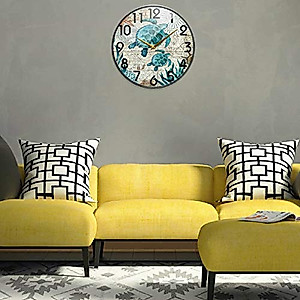 Naanle Chic Vintage Ocean Sea Turtles Starfish Map Print Round Wall Clock, 9.5 Inch Silent Battery Operated Quartz Analog Quiet Desk Clock for Home,Office,School