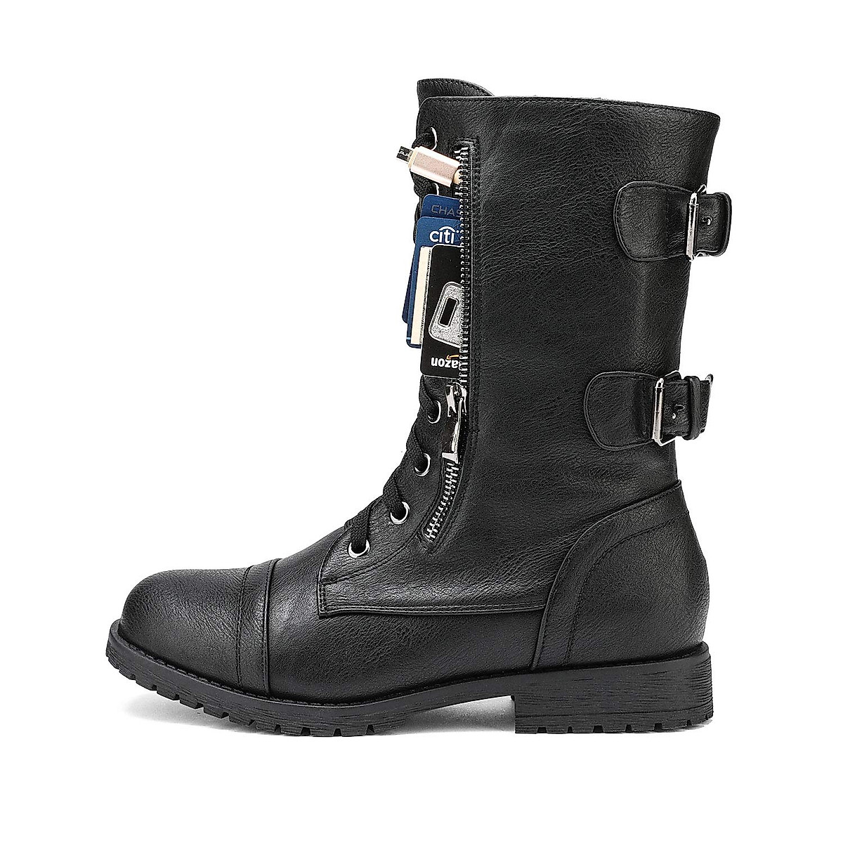 DREAM PAIRS Women's Combat Boots, Mid Calf Built-in Wallet Pocket Lace up Military Ankle Booties,Size 6.5,Black,TERRAN
