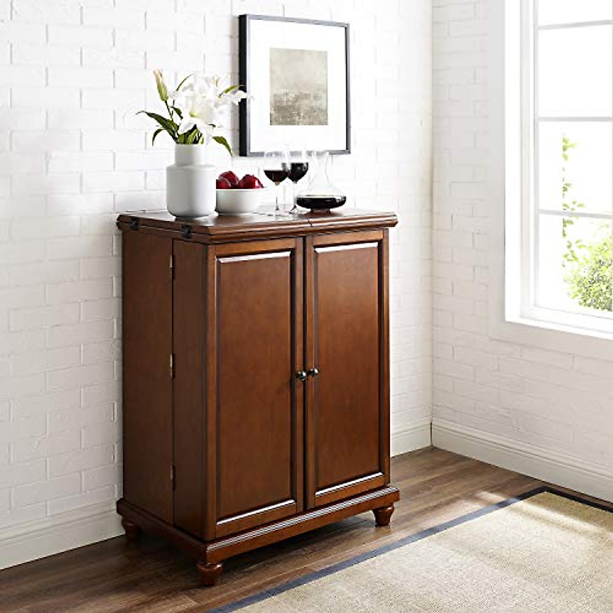 Crosley Furniture Cambridge Expandable Bar Cabinet with Storage Shelves, Drawer, and Wine Rack, Vintage Mahogany