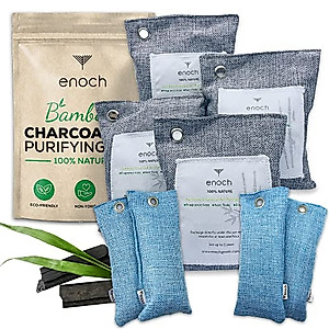 Enoch Bamboo Charcoal Air Purifying Bags (8 Packs) Activated Odor Moisture Absorber, Natural Air Freshener. Air Deodorizer Dehumidifier Bags for Homes, Cars, Shoes, Fridges, Closets (4x200g+4x50g)
