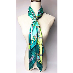 YOUR SMILE Silk Like Scarf Women's Fashion Pattern Large Square Satin Headscarf Headdress Green Chain (8)