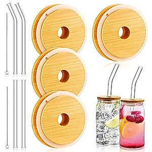 16oz Beer Glasses Lids with Straw Hole Drinking Glass Cups Anticorrosion Beer Can Cups Lids Bamboo Lids Include Reusable Glass Straight Curved Straw and Brush for Drinking Glasses (10 Pieces)
