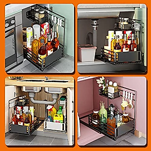 Under Sink Organizer and Storage, Under Sliding Cabinet Basket Organizer 2-Tire Under Kitchen Bathroom Sink Storage, Multi-Purpose Under Sink Shelf Organizer Black,White