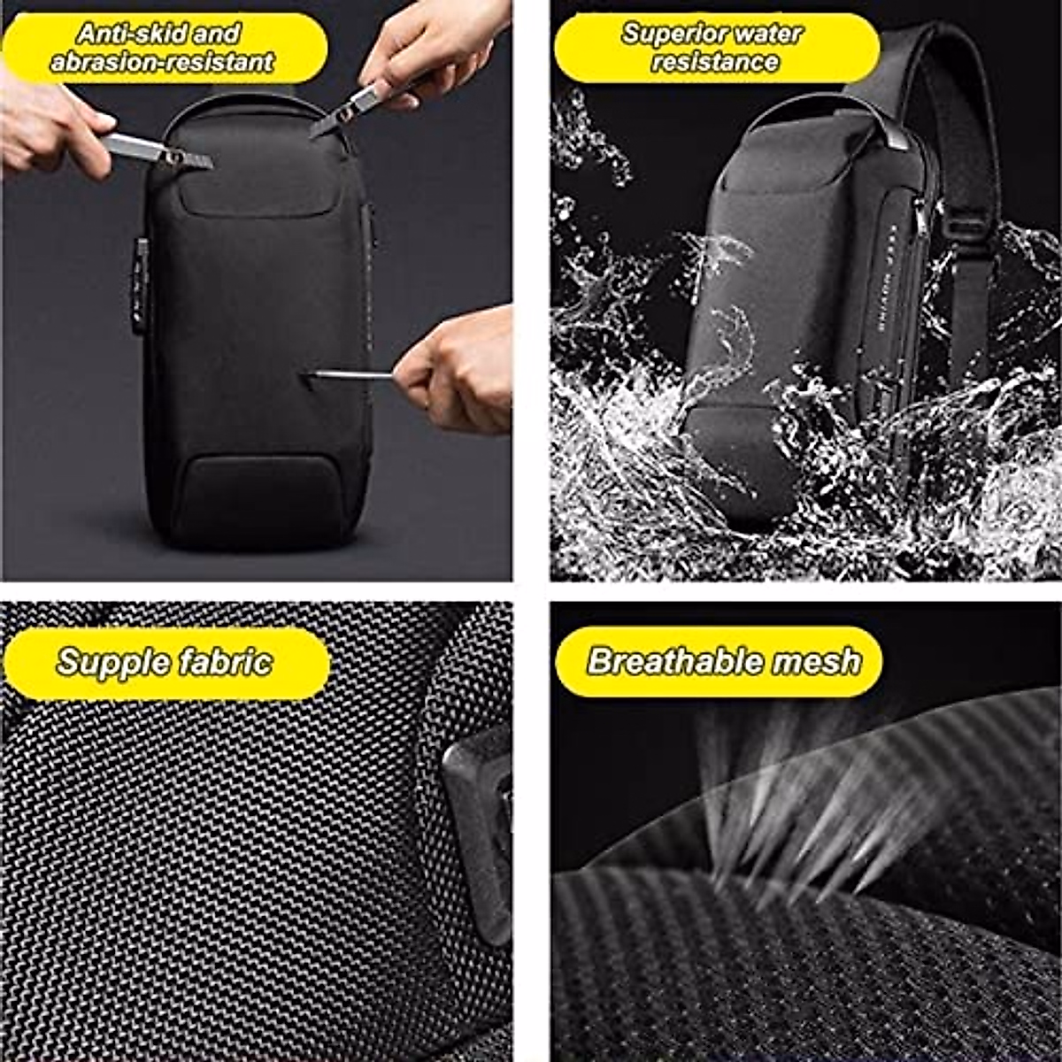 Wenini USB Charging Sport Sling Anti-Theft Shoulder Bag,one Shoulder Satchel Water-Repellent and Drop-Resistant Material, Black