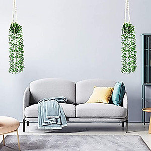 Artflower Artificial Hanging Eucalyptus Plants in Pots 2 Pack Fake Plastic Greenery Vines with Hanging Baskets for Home Shelve Indoor Outdoor Wall Wedding Garden Home Office Garland Decor