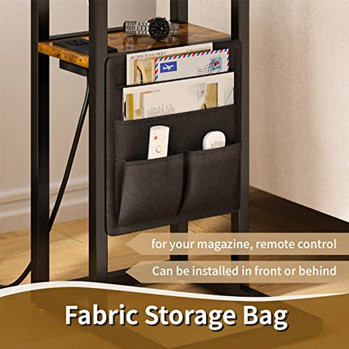 SUPERJARE C Shaped End Table with Charging Station, Side Table with Storage Bag, Couch Table, C Table with USB Port and Outlet, for Living Room, Bed Room, Set of 2, Rustic Brown