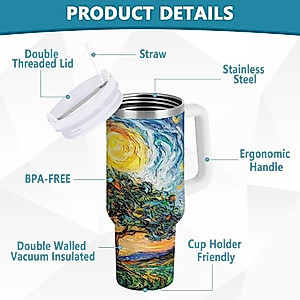 RPLIFE Starry Night Beautiful Tree Blue Coffee Tumbler with Handle, Stainless Steel Coffee Tumbler, Drinking Cups with Lids and Straws